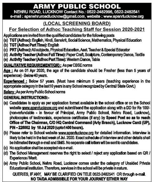 Army Public School TGT PGT PRT Recruitment 2020 AWES Clerk Apply Online Army Public School TGT PGT PRT Recruitment 2020 AWES Clerk Apply Online